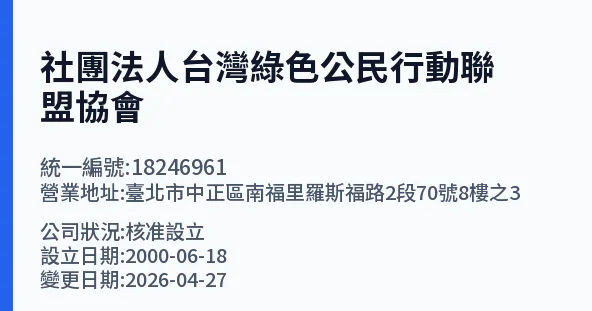 社團法人台灣綠色公民行動聯盟協會的照片-統編 18246961(臺北市) 公司登記資料與營業項目詳細圖表