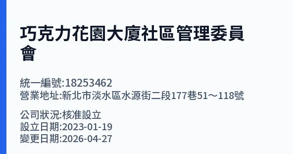 巧克力花園大廈社區管理委員會的照片-統編 18253462(新北市) 公司登記資料與營業項目詳細圖表