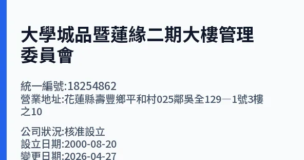大學城品暨蓮緣二期大樓管理委員會的照片-統編 18254862(花蓮縣) 公司登記資料與營業項目詳細圖表