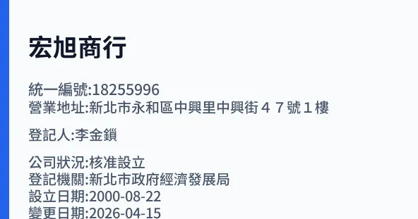 宏旭商行的照片-統編 18255996(新北市) 公司登記資料與營業項目詳細圖表