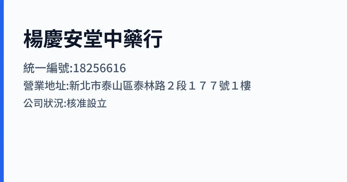 楊慶安堂中藥行 - 統編 18256616(新北市) 公司登記資料與營業項目詳細圖表