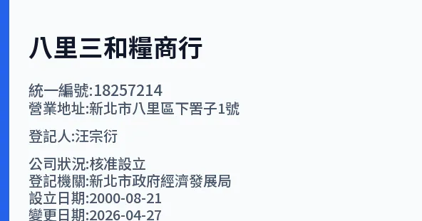 八里三和糧商行的照片-統編 18257214(新北市) 公司登記資料與營業項目詳細圖表