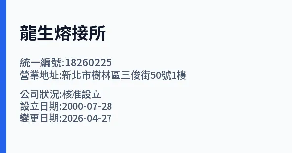 龍生熔接所的照片-統編 18260225(新北市) 公司登記資料與營業項目詳細圖表