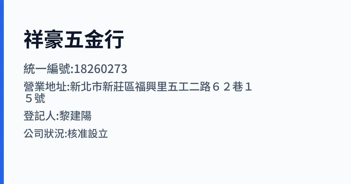 祥豪五金行 - 統編 18260273(新北市) 公司登記資料與營業項目詳細圖表