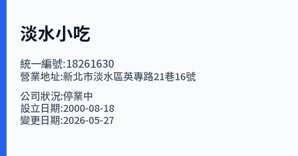 淡水小吃的照片-統編 18261630(新北市) 公司登記資料與營業項目詳細圖表