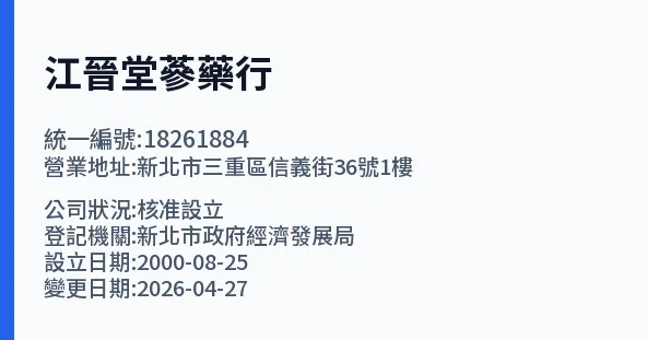 江晉堂蔘藥行的照片-統編 18261884(新北市) 公司登記資料與營業項目詳細圖表