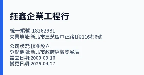 鈺鑫企業工程行的照片-統編 18262981(新北市) 公司登記資料與營業項目詳細圖表