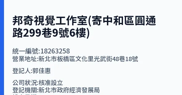 邦奇視覺工作室(寄中和區圓通路299巷9號6樓)的照片-統編 18263258(新北市) 公司登記資料與營業項目詳細圖表