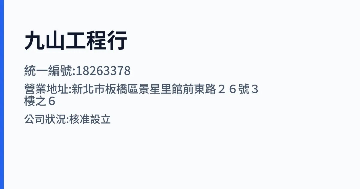 九山工程行 - 統編 18263378(新北市) 公司登記資料與營業項目詳細圖表