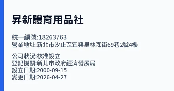昇新體育用品社的照片-統編 18263763(新北市) 公司登記資料與營業項目詳細圖表