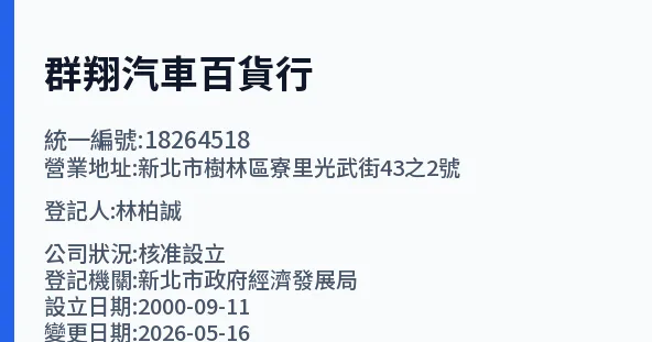 群翔汽車百貨行的照片-統編 18264518(新北市) 公司登記資料與營業項目詳細圖表