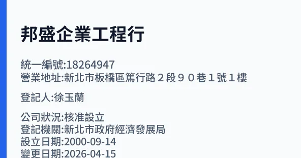 邦盛企業工程行的照片-統編 18264947(新北市) 公司登記資料與營業項目詳細圖表