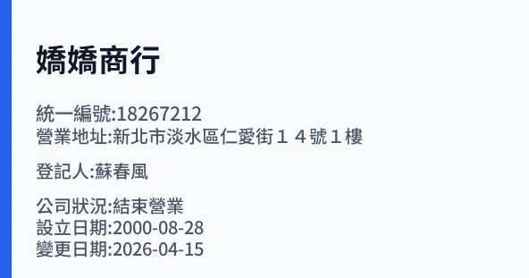 嬌嬌商行的照片-統編 18267212(新北市) 公司登記資料與營業項目詳細圖表