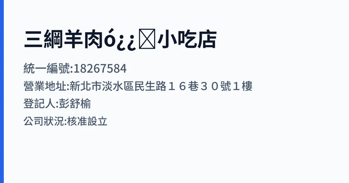 三綱羊肉󿿆小吃店 - 統編 18267584(新北市) 公司登記資料與營業項目詳細圖表