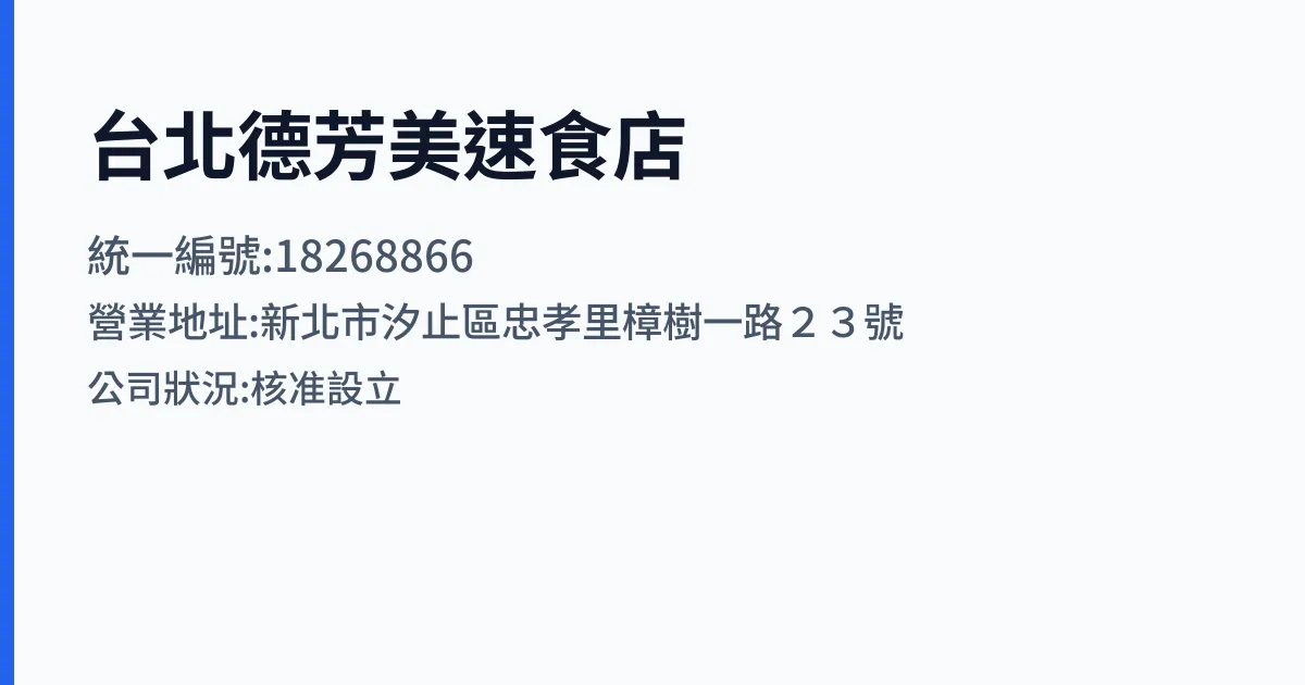 台北德芳美速食店 - 統編 18268866(新北市) 公司登記資料與營業項目詳細圖表