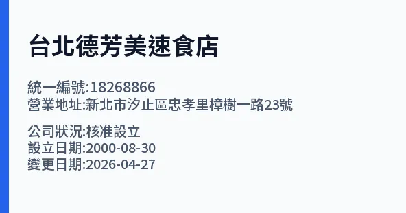 台北德芳美速食店的照片-統編 18268866(新北市) 公司登記資料與營業項目詳細圖表