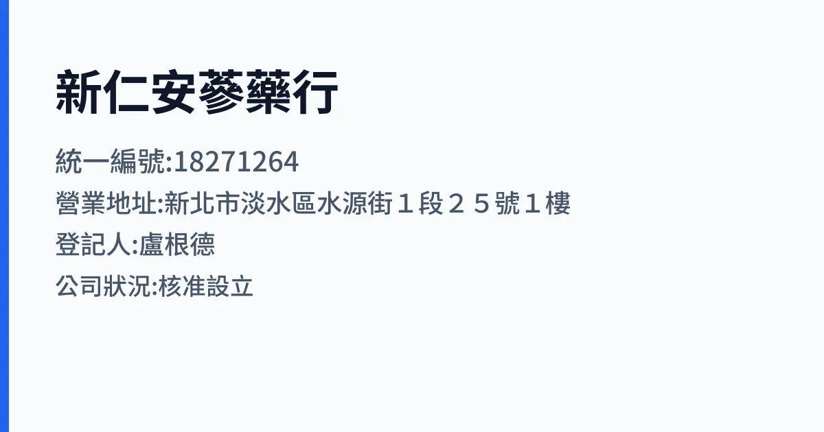 新仁安蔘藥行 - 統編 18271264(新北市) 公司登記資料與營業項目詳細圖表