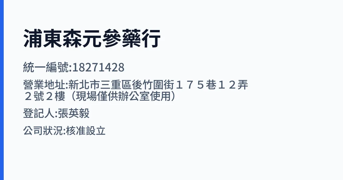 浦東森元參藥行 - 統編 18271428(新北市) 公司登記資料與營業項目詳細圖表