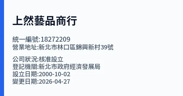 上然藝品商行的照片-統編 18272209(新北市) 公司登記資料與營業項目詳細圖表