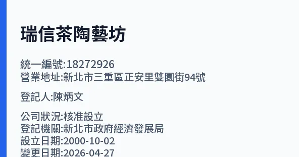 瑞信茶陶藝坊的照片-統編 18272926(新北市) 公司登記資料與營業項目詳細圖表