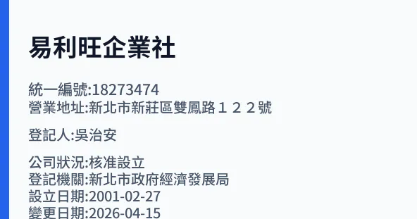 易利旺企業社的照片-統編 18273474(新北市) 公司登記資料與營業項目詳細圖表