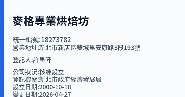 麥格專業烘焙坊的照片-統編 18273782(新北市) 公司登記資料與營業項目詳細圖表
