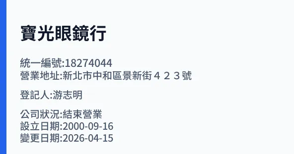寶光眼鏡行的照片-統編 18274044(新北市) 公司登記資料與營業項目詳細圖表