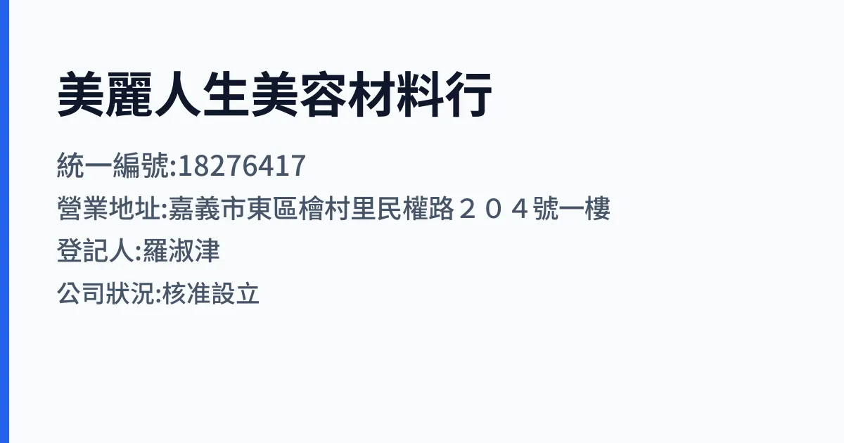 美麗人生美容材料行 - 統編 18276417(嘉義市) 公司登記資料與營業項目詳細圖表