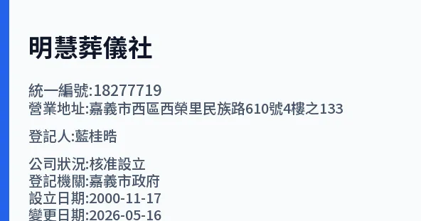 明慧葬儀社的照片-統編 18277719(嘉義市) 公司登記資料與營業項目詳細圖表
