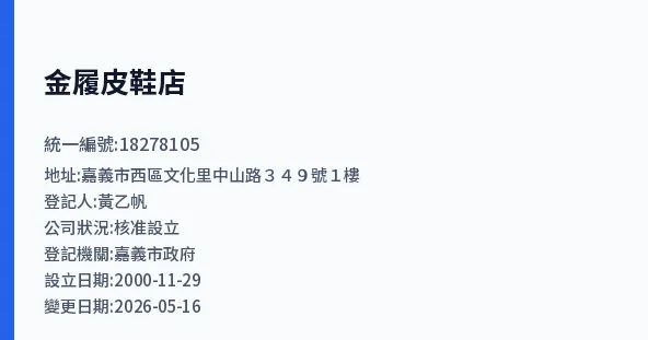 金履皮鞋店的照片-統編 18278105(嘉義市) 公司登記資料與營業項目詳細圖表