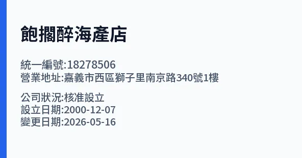 飽擱醉海產店的照片-統編 18278506(嘉義市) 公司登記資料與營業項目詳細圖表