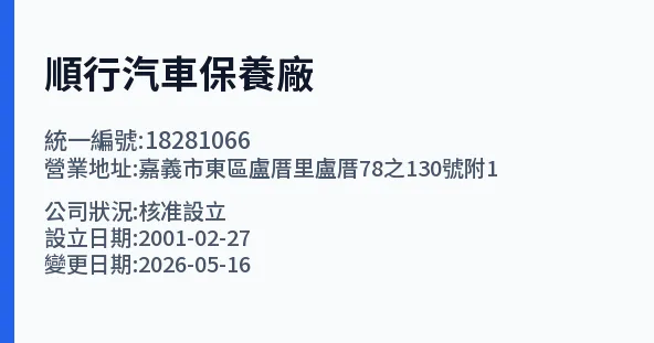 順行汽車保養廠的照片-統編 18281066(嘉義市) 公司登記資料與營業項目詳細圖表