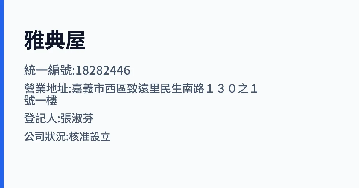 雅典屋 - 統編 18282446(嘉義市) 公司登記資料與營業項目詳細圖表