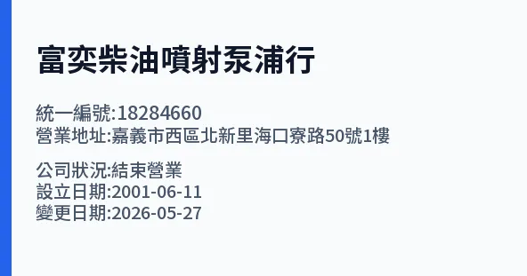 富奕柴油噴射泵浦行的照片-統編 18284660(嘉義市) 公司登記資料與營業項目詳細圖表