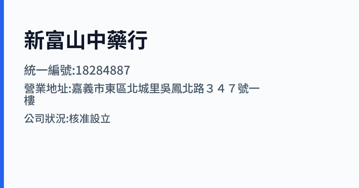 新富山中藥行 - 統編 18284887(嘉義市) 公司登記資料與營業項目詳細圖表