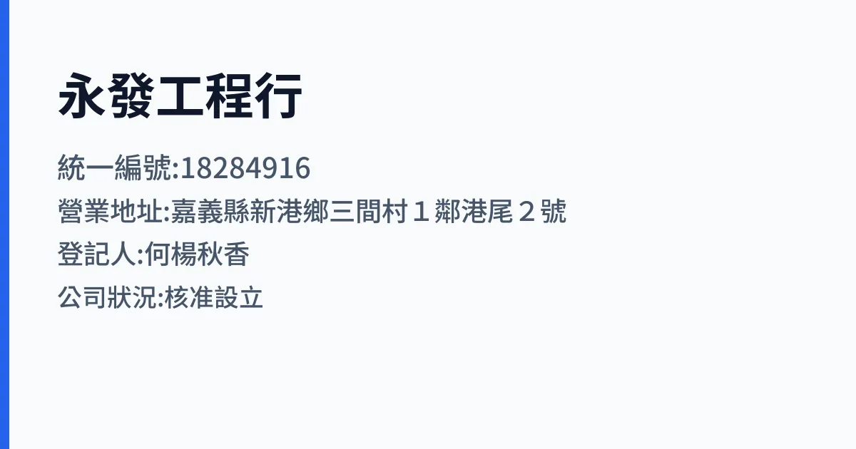 永發工程行 - 統編 18284916(嘉義縣) 公司登記資料與營業項目詳細圖表