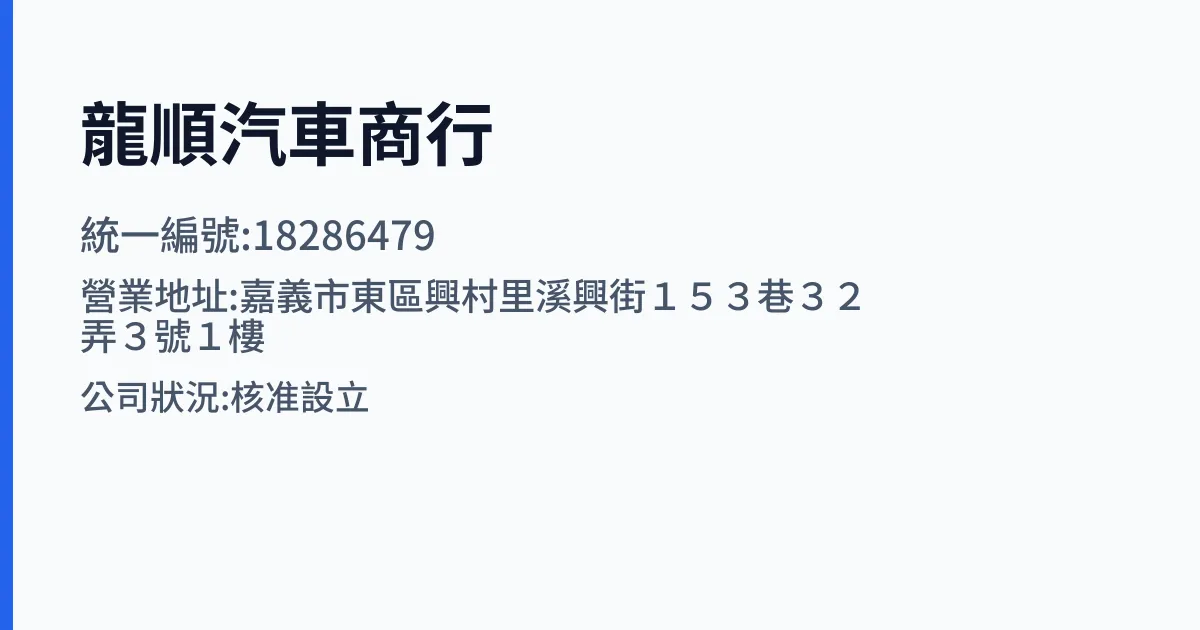 龍順汽車商行 - 統編 18286479(嘉義市) 公司登記資料與營業項目詳細圖表