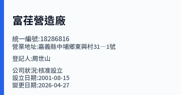 富荏營造廠的照片-統編 18286816(嘉義縣) 公司登記資料與營業項目詳細圖表