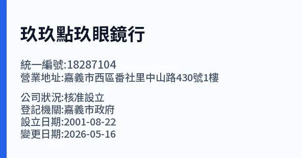 玖玖點玖眼鏡行的照片-統編 18287104(嘉義市) 公司登記資料與營業項目詳細圖表