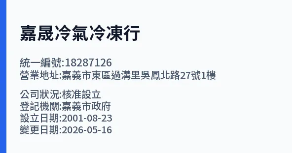 嘉晟冷氣冷凍行的照片-統編 18287126(嘉義市) 公司登記資料與營業項目詳細圖表