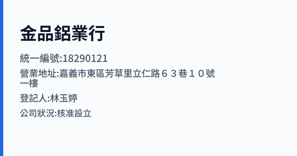 金品鋁業行 - 統編 18290121(嘉義市) 公司登記資料與營業項目詳細圖表