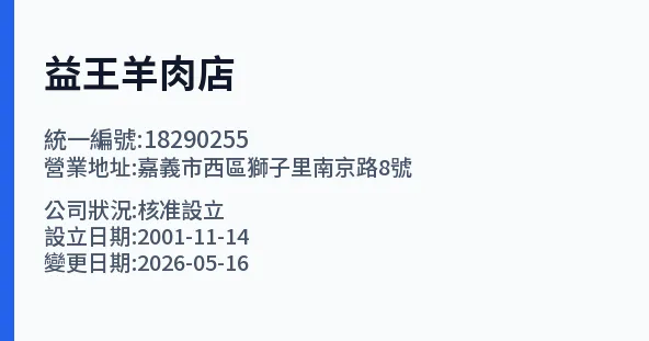 益王羊肉店的照片-統編 18290255(嘉義市) 公司登記資料與營業項目詳細圖表