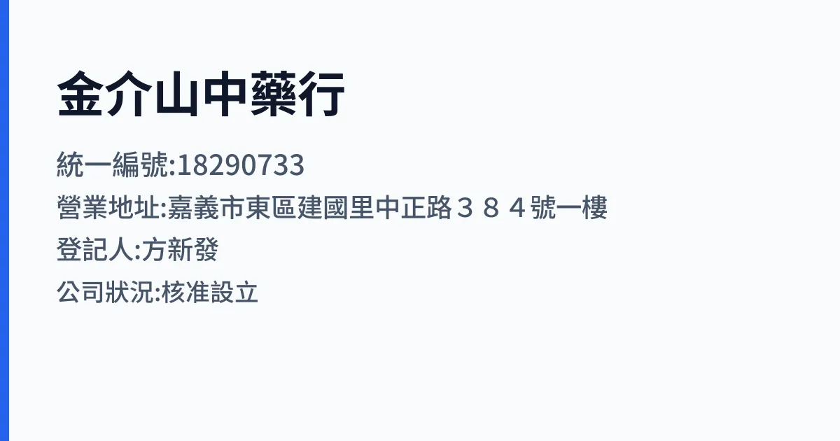金介山中藥行 - 統編 18290733(嘉義市) 公司登記資料與營業項目詳細圖表