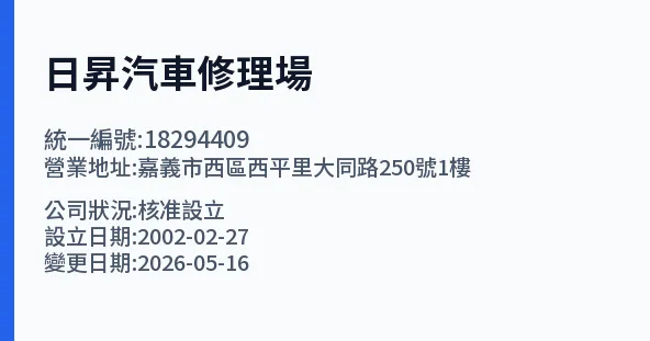 日昇汽車修理場的照片-統編 18294409(嘉義市) 公司登記資料與營業項目詳細圖表