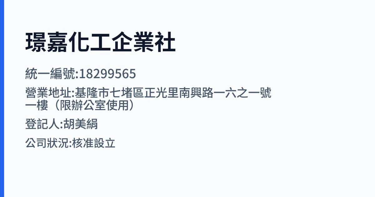 璟嘉化工企業社 - 統編 18299565(基隆市) 公司登記資料與營業項目詳細圖表