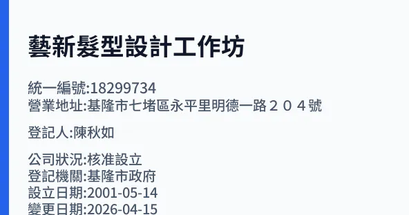 藝新髮型設計工作坊的照片-統編 18299734(基隆市) 公司登記資料與營業項目詳細圖表