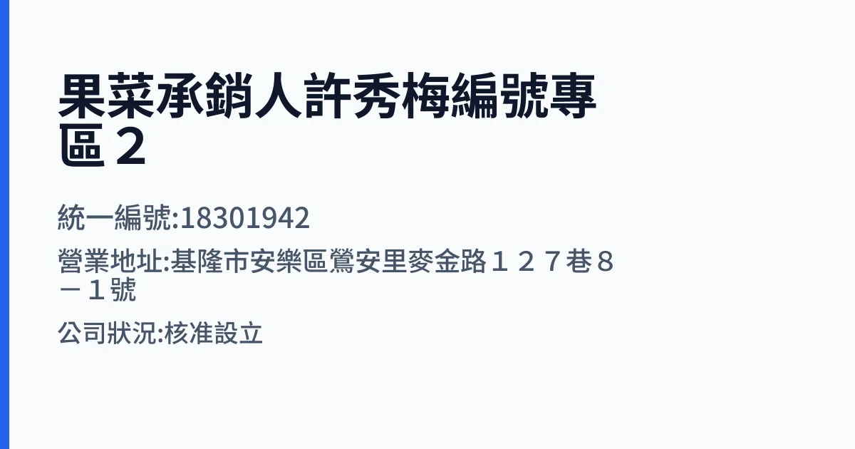 果菜承銷人許秀梅編號專區２ - 統編 18301942(基隆市) 公司登記資料與營業項目詳細圖表