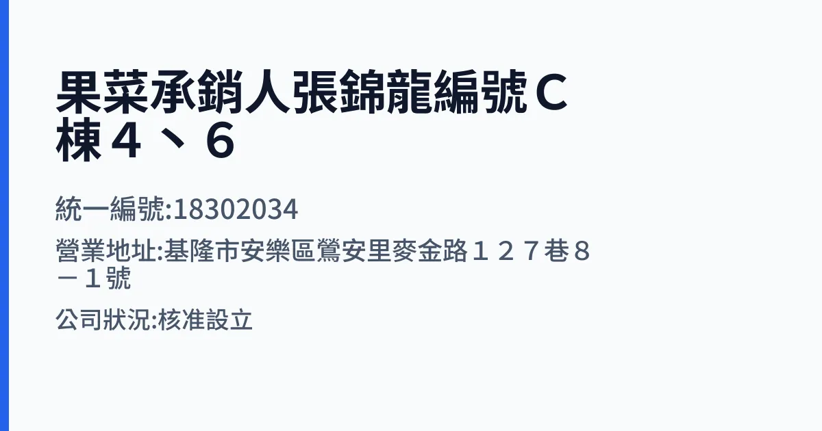 果菜承銷人張錦龍編號Ｃ棟４丶６ - 統編 18302034(基隆市) 公司登記資料與營業項目詳細圖表