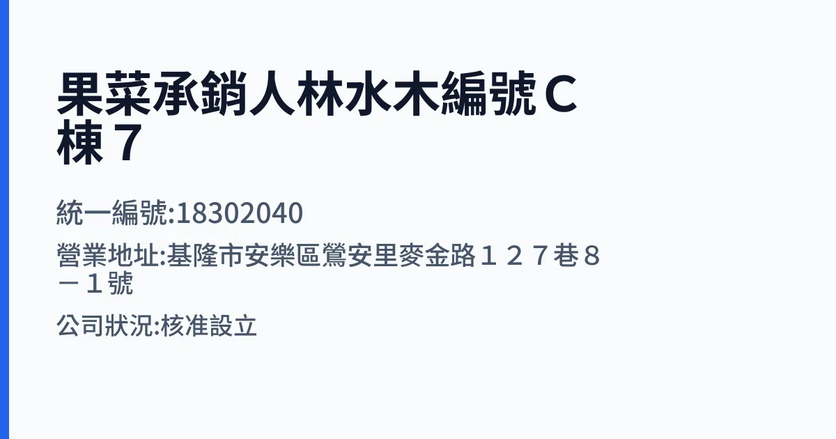 果菜承銷人林水木編號Ｃ棟７ - 統編 18302040(基隆市) 公司登記資料與營業項目詳細圖表