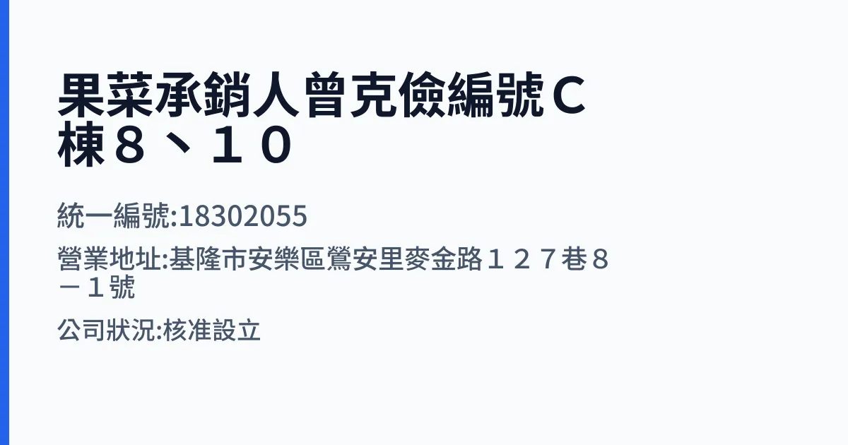果菜承銷人曾克儉編號Ｃ棟８丶１０ - 統編 18302055(基隆市) 公司登記資料與營業項目詳細圖表